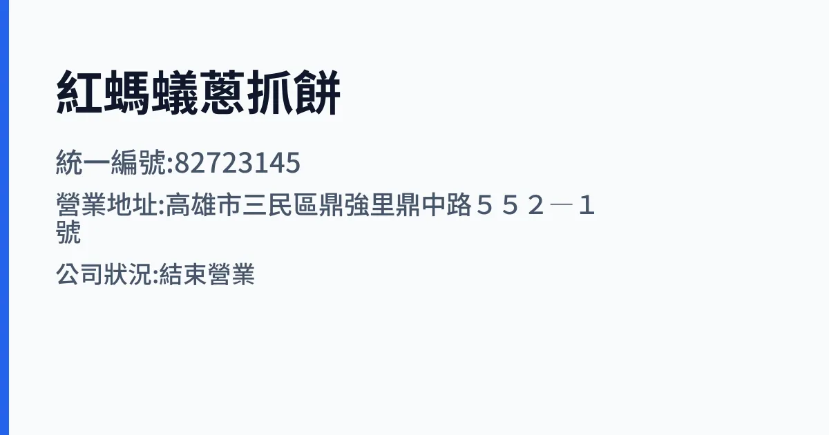 紅螞蟻蔥抓餅 - 統編 82723145(高雄市) 公司登記資料與營業項目詳細圖表