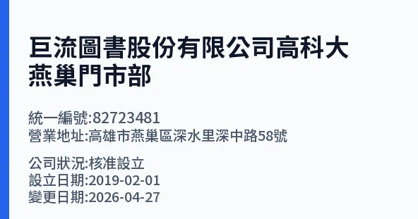 巨流圖書股份有限公司高科大燕巢門市部的照片-統編 82723481(高雄市) 公司登記資料與營業項目詳細圖表