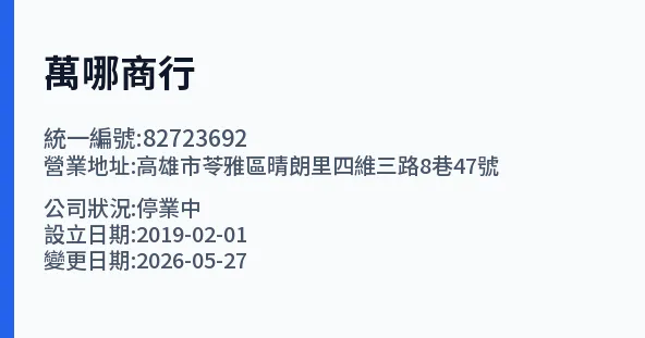 萬哪商行的照片-統編 82723692(高雄市) 公司登記資料與營業項目詳細圖表