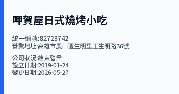 呷賀屋日式燒烤小吃的照片-統編 82723742(高雄市) 公司登記資料與營業項目詳細圖表