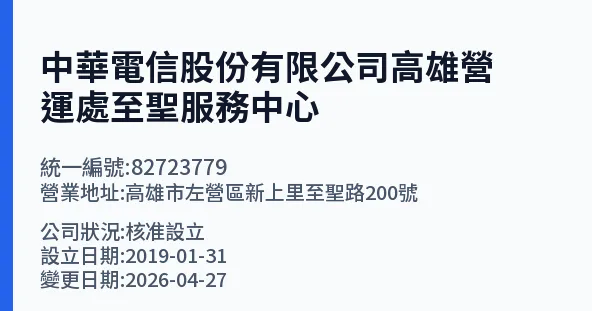 中華電信股份有限公司高雄營運處至聖服務中心的照片-統編 82723779(高雄市) 公司登記資料與營業項目詳細圖表