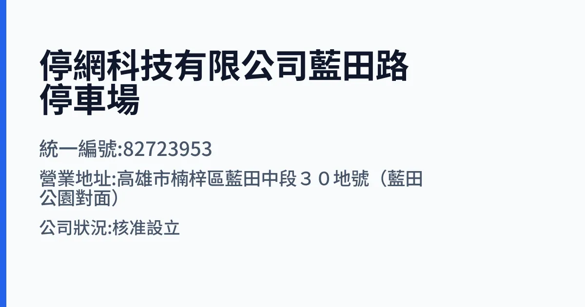 停網科技有限公司藍田路停車場 - 統編 82723953(高雄市) 公司登記資料與營業項目詳細圖表