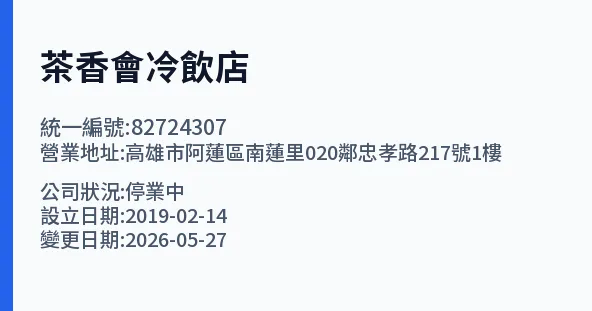 茶香會冷飲店的照片-統編 82724307(高雄市) 公司登記資料與營業項目詳細圖表