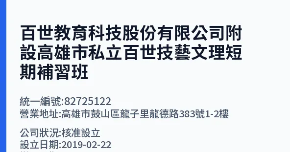 百世教育科技股份有限公司附設高雄市私立百世技藝文理短期補習班的照片-統編 82725122(高雄市) 公司登記資料與營業項目詳細圖表
