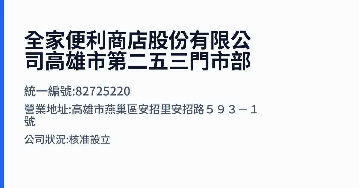 全家便利商店股份有限公司高雄市第二五三門市部 - 統編 82725220(高雄市) 公司登記資料與營業項目詳細圖表