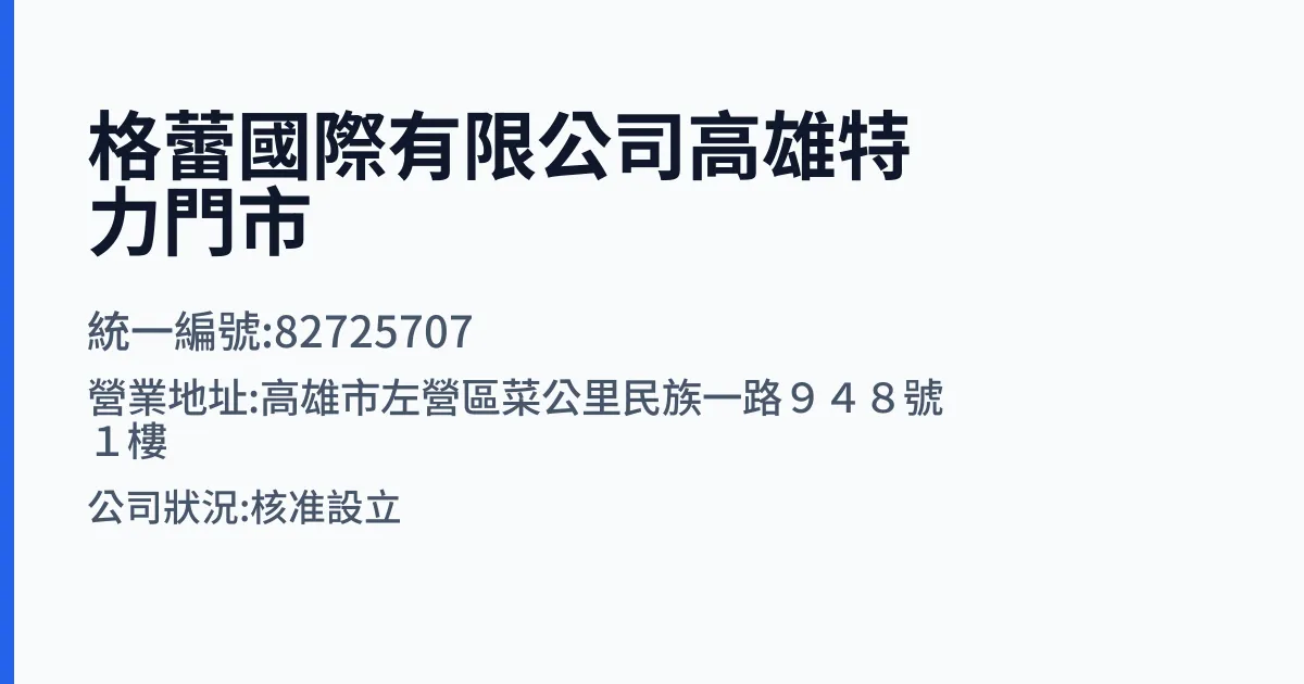 格蕾國際有限公司高雄特力門市 - 統編 82725707(高雄市) 公司登記資料與營業項目詳細圖表