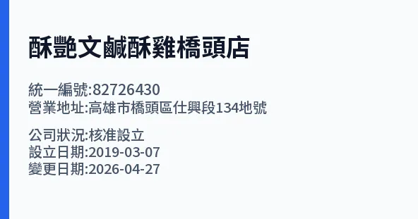 酥艷文鹹酥雞橋頭店的照片-統編 82726430(高雄市) 公司登記資料與營業項目詳細圖表