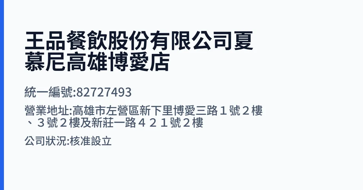 王品餐飲股份有限公司夏慕尼高雄博愛店 - 統編 82727493(高雄市) 公司登記資料與營業項目詳細圖表
