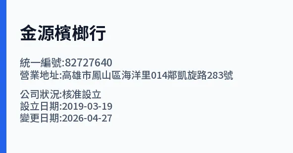 金源檳榔行的照片-統編 82727640(高雄市) 公司登記資料與營業項目詳細圖表