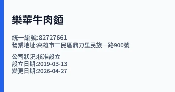 樂華牛肉麵的照片-統編 82727661(高雄市) 公司登記資料與營業項目詳細圖表