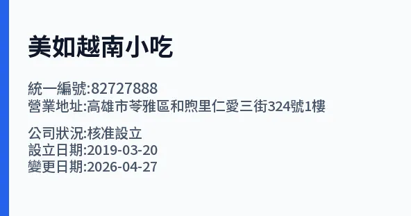 美如越南小吃的照片-統編 82727888(高雄市) 公司登記資料與營業項目詳細圖表