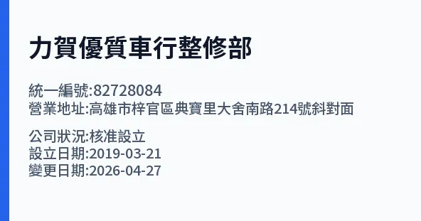 力賀優質車行整修部的照片-統編 82728084(高雄市) 公司登記資料與營業項目詳細圖表