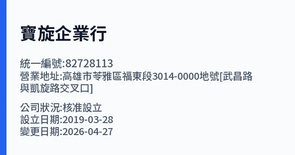 寶旋企業行的照片-統編 82728113(高雄市) 公司登記資料與營業項目詳細圖表