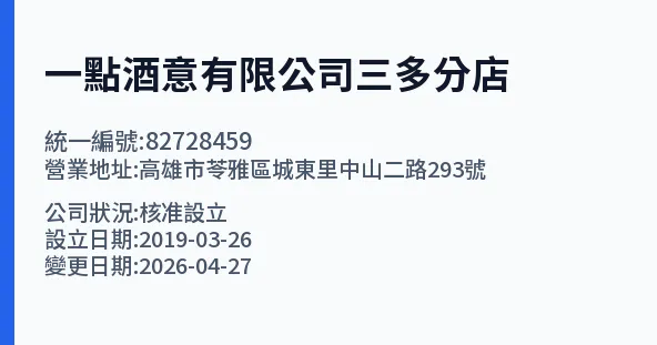 一點酒意有限公司三多分店的照片-統編 82728459(高雄市) 公司登記資料與營業項目詳細圖表