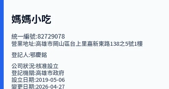 媽媽小吃的照片-統編 82729078(高雄市) 公司登記資料與營業項目詳細圖表