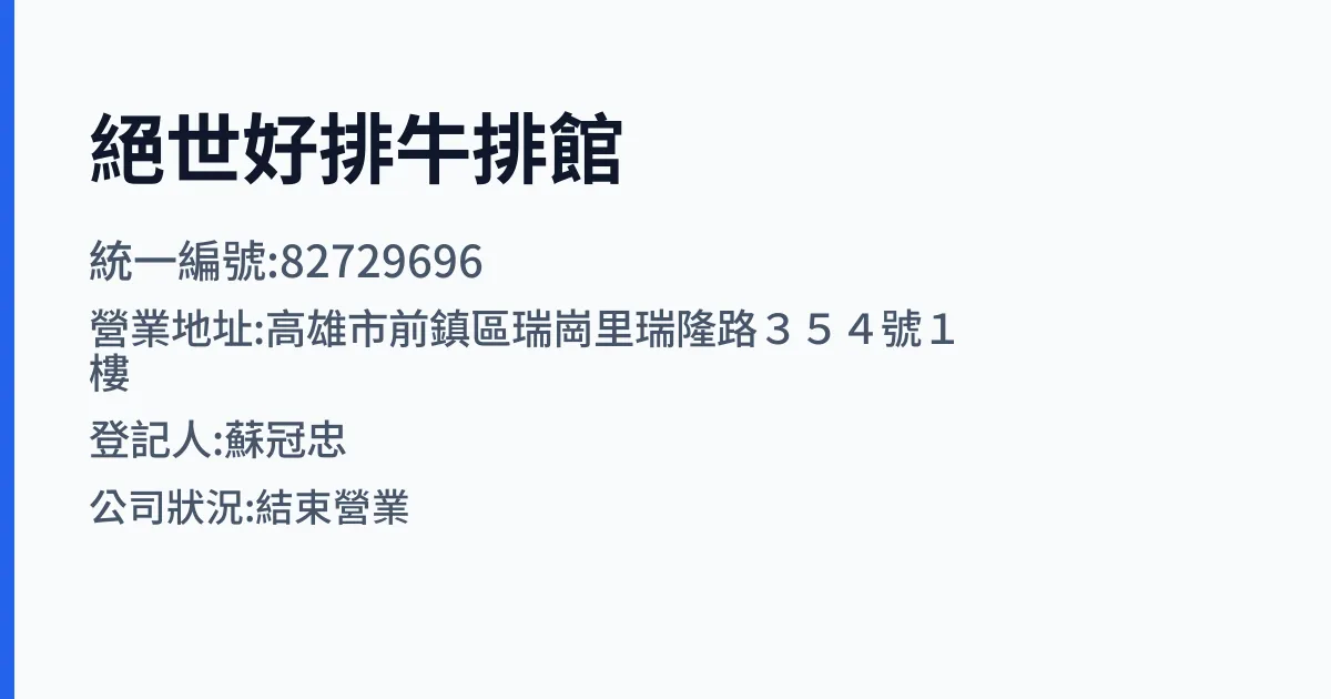 絕世好排牛排館 - 統編 82729696(高雄市) 公司登記資料與營業項目詳細圖表