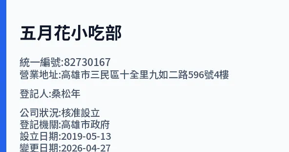五月花小吃部的照片-統編 82730167(高雄市) 公司登記資料與營業項目詳細圖表
