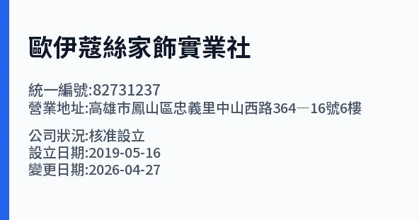 歐伊蔻絲家飾實業社的照片-統編 82731237(高雄市) 公司登記資料與營業項目詳細圖表