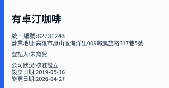 有卓汀咖啡的照片-統編 82731243(高雄市) 公司登記資料與營業項目詳細圖表