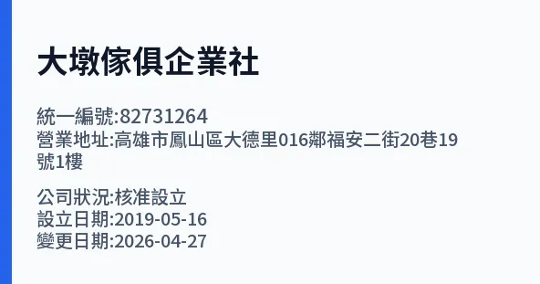 大墩傢俱企業社的照片-統編 82731264(高雄市) 公司登記資料與營業項目詳細圖表