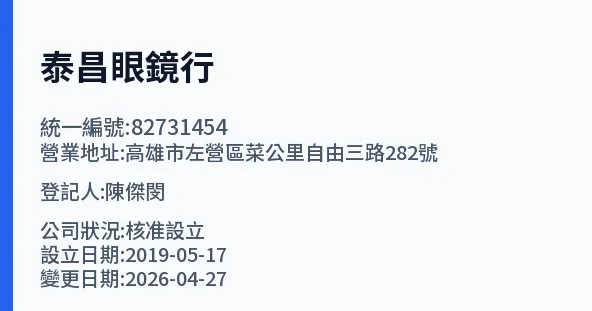 泰昌眼鏡行的照片-統編 82731454(高雄市) 公司登記資料與營業項目詳細圖表