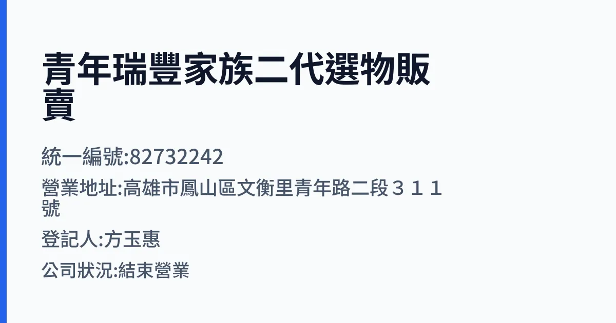青年瑞豐家族二代選物販賣 - 統編 82732242(高雄市) 公司登記資料與營業項目詳細圖表