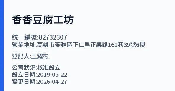 香香豆腐工坊的照片-統編 82732307(高雄市) 公司登記資料與營業項目詳細圖表