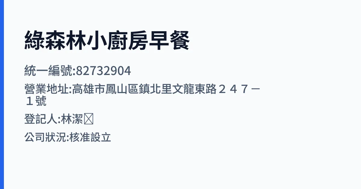 綠森林小廚房早餐 - 統編 82732904(高雄市) 公司登記資料與營業項目詳細圖表