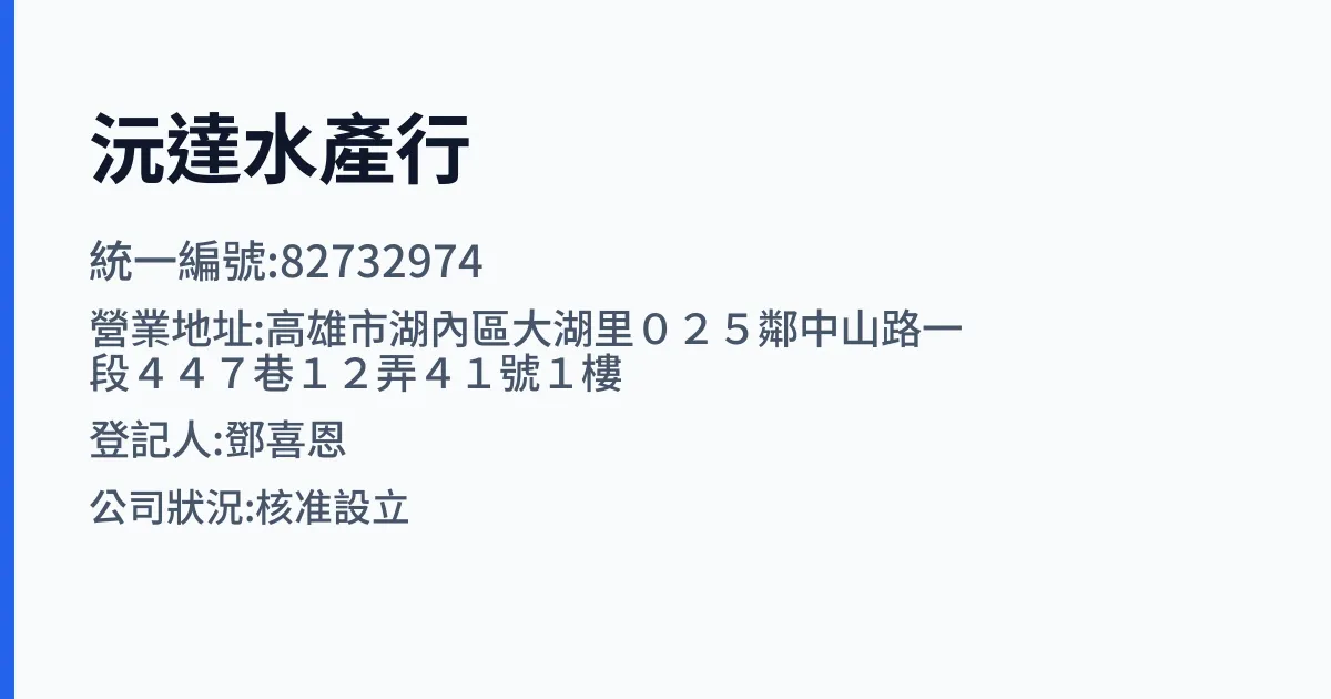 沅達水產行 - 統編 82732974(高雄市) 公司登記資料與營業項目詳細圖表