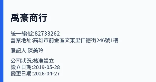 禹豪商行的照片-統編 82733262(高雄市) 公司登記資料與營業項目詳細圖表