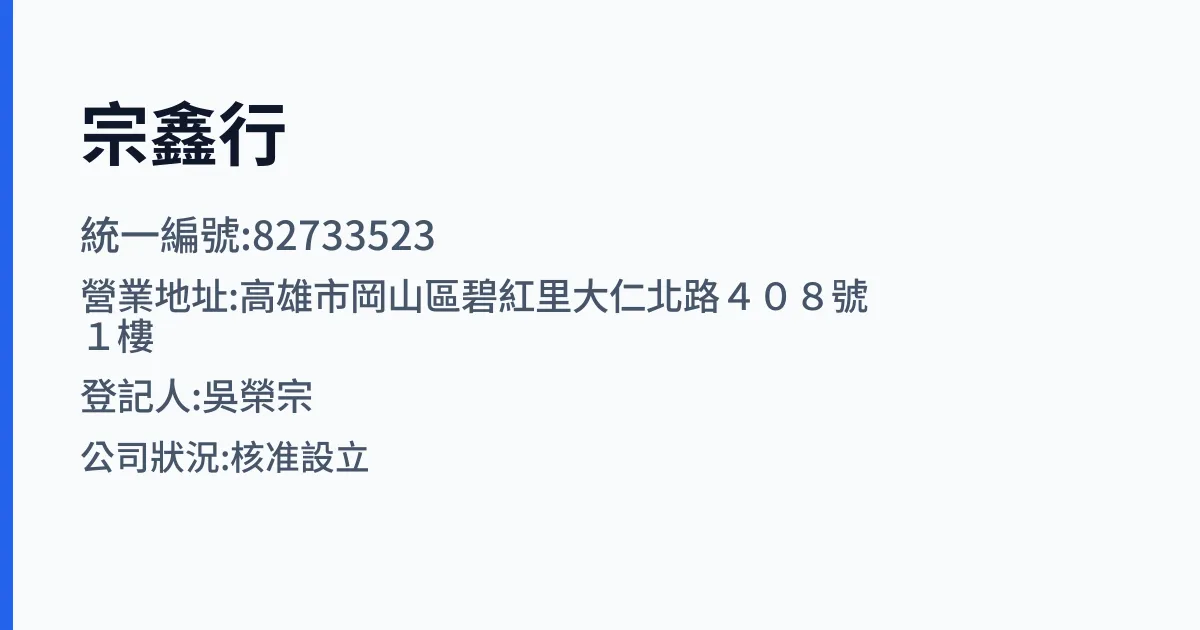 宗鑫行 - 統編 82733523(高雄市) 公司登記資料與營業項目詳細圖表