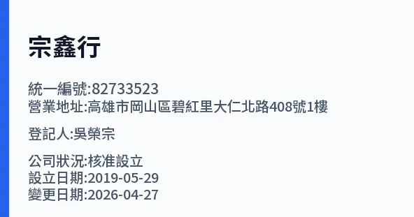 宗鑫行的照片-統編 82733523(高雄市) 公司登記資料與營業項目詳細圖表