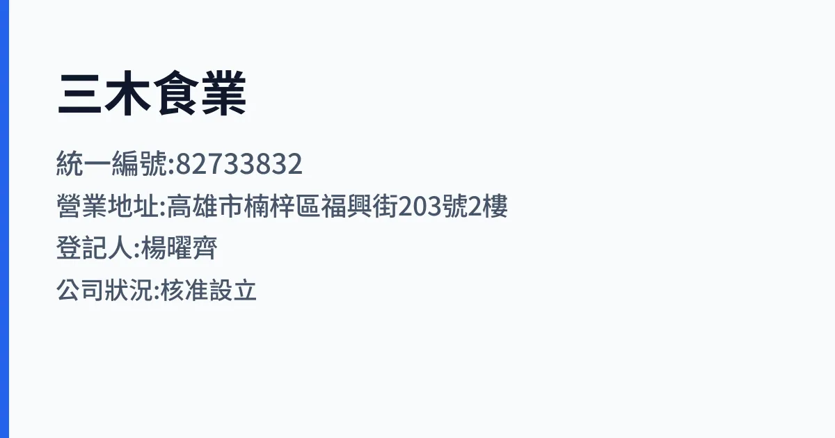 三木食業 - 統編 82733832(高雄市) 公司登記資料與營業項目詳細圖表