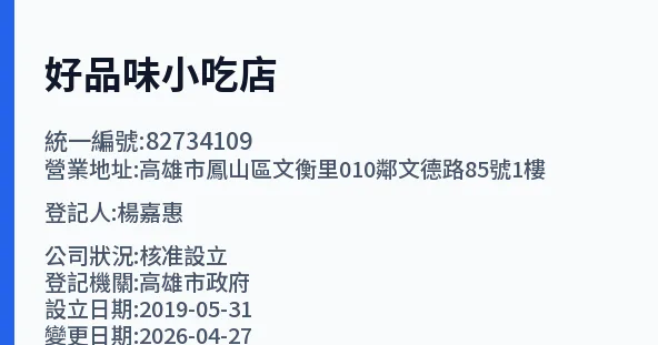 好品味小吃店的照片-統編 82734109(高雄市) 公司登記資料與營業項目詳細圖表