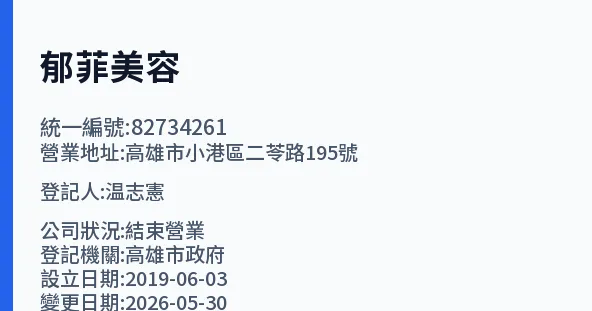 郁菲美容的照片-統編 82734261(高雄市) 公司登記資料與營業項目詳細圖表