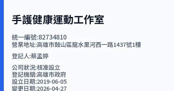 手護健康運動工作室的照片-統編 82734810(高雄市) 公司登記資料與營業項目詳細圖表