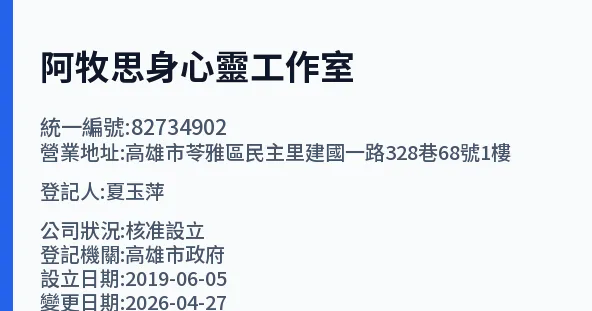 阿牧思身心靈工作室的照片-統編 82734902(高雄市) 公司登記資料與營業項目詳細圖表