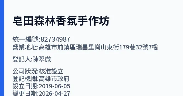 皂田森林香氛手作坊的照片-統編 82734987(高雄市) 公司登記資料與營業項目詳細圖表