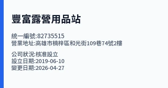 豐富露營用品站的照片-統編 82735515(高雄市) 公司登記資料與營業項目詳細圖表
