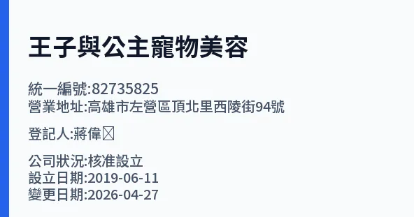 王子與公主寵物美容的照片-統編 82735825(高雄市) 公司登記資料與營業項目詳細圖表