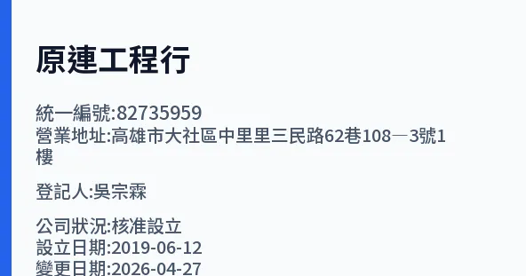 原連工程行的照片-統編 82735959(高雄市) 公司登記資料與營業項目詳細圖表