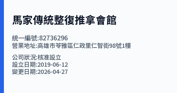 馬家傳統整復推拿會館的照片-統編 82736296(高雄市) 公司登記資料與營業項目詳細圖表