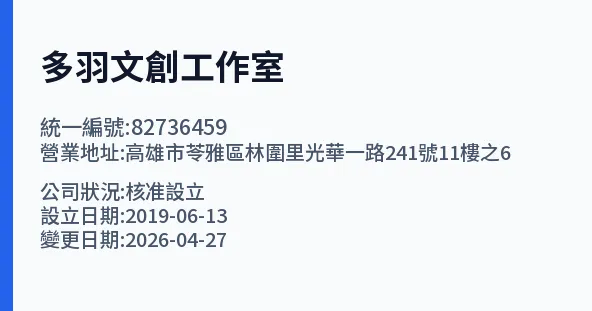 多羽文創工作室的照片-統編 82736459(高雄市) 公司登記資料與營業項目詳細圖表