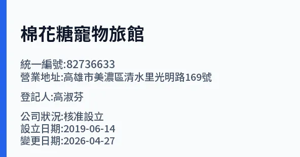棉花糖寵物旅館的照片-統編 82736633(高雄市) 公司登記資料與營業項目詳細圖表