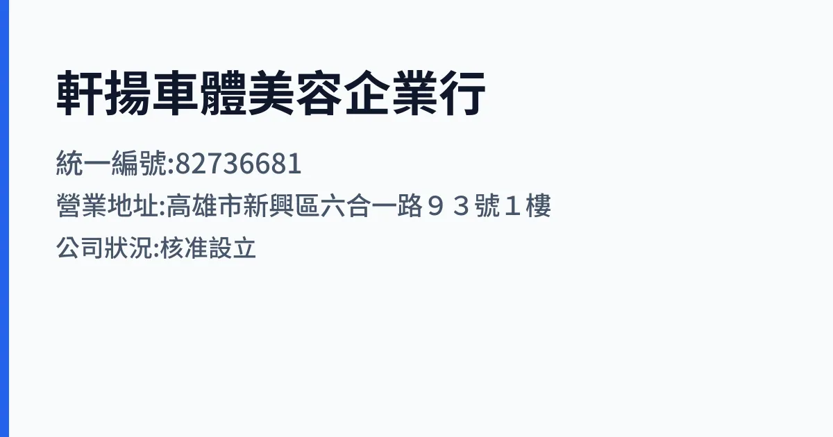 軒揚車體美容企業行 - 統編 82736681(高雄市) 公司登記資料與營業項目詳細圖表