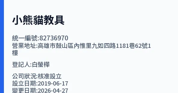 小熊貓教具的照片-統編 82736970(高雄市) 公司登記資料與營業項目詳細圖表