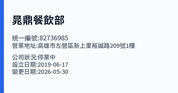晁鼎餐飲部的照片-統編 82736985(高雄市) 公司登記資料與營業項目詳細圖表