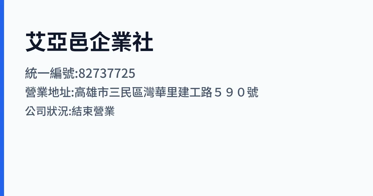 艾亞邑企業社 - 統編 82737725(高雄市) 公司登記資料與營業項目詳細圖表