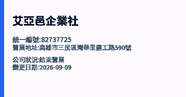 艾亞邑企業社的照片-統編 82737725(高雄市) 公司登記資料與營業項目詳細圖表