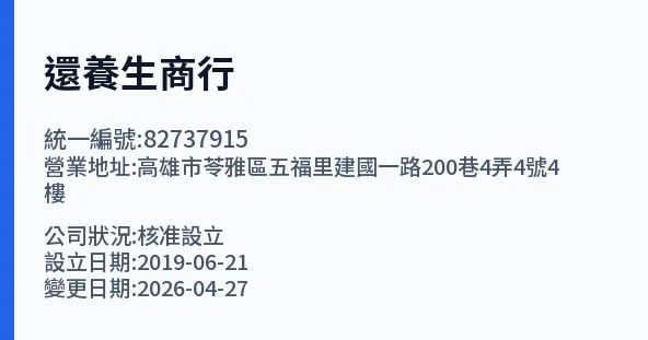 還養生商行的照片-統編 82737915(高雄市) 公司登記資料與營業項目詳細圖表